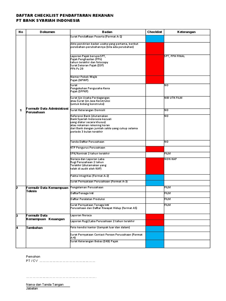 Daftar Checklist Pendaftaran Rekanan PT Bank Syariah Indonesia | PDF