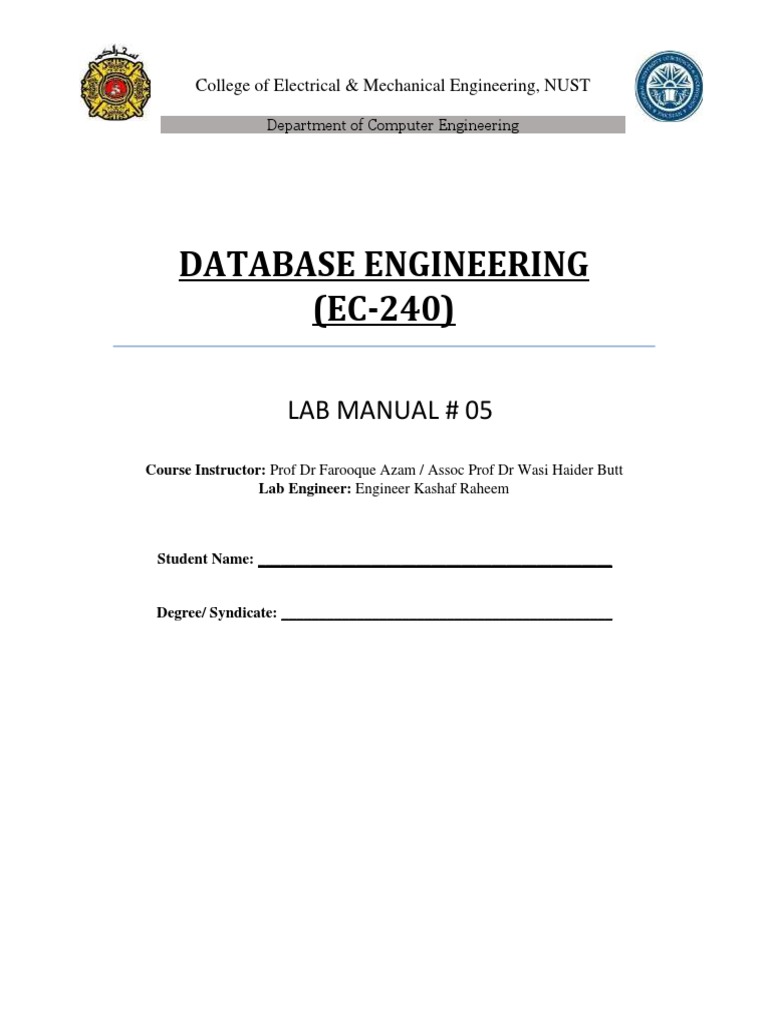 Database Engineering (EC-240) : Lab Manual # 05 | PDF | Computing