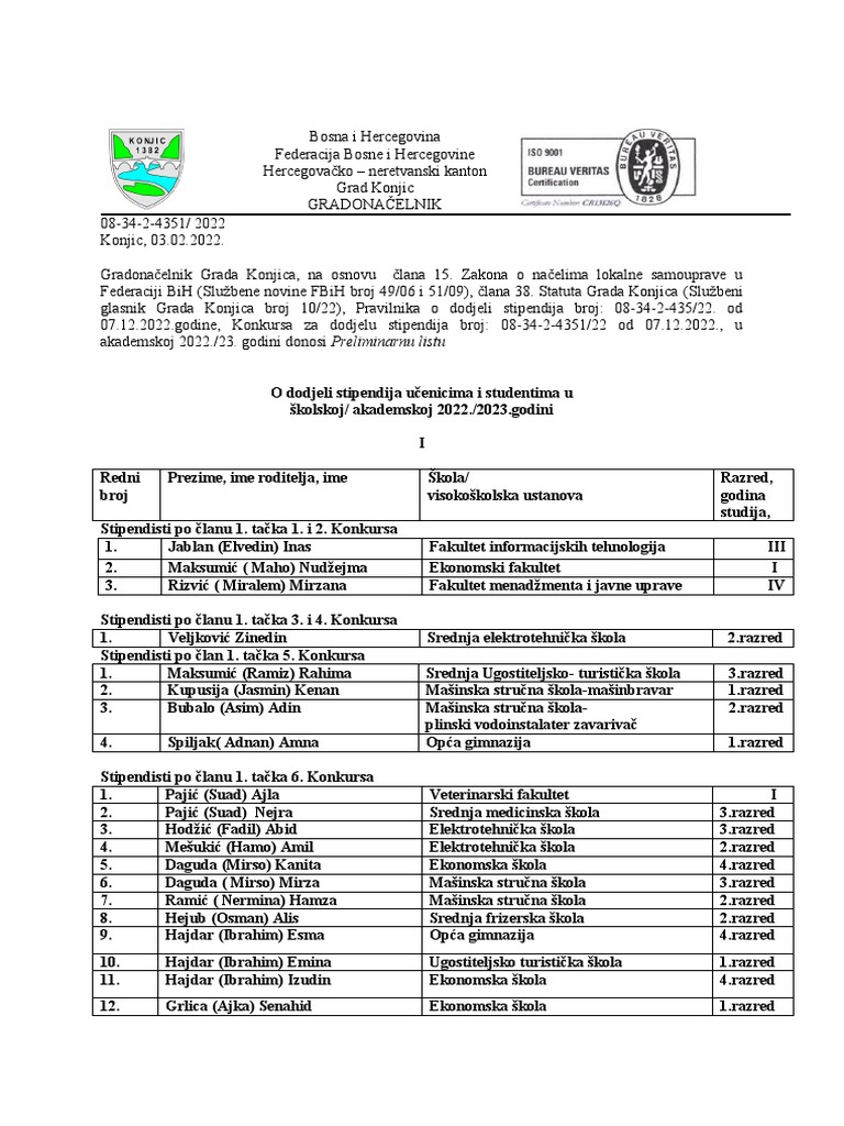 Preliminarna Lista o Dodjeli Stipendija 2022-2023 | PDF