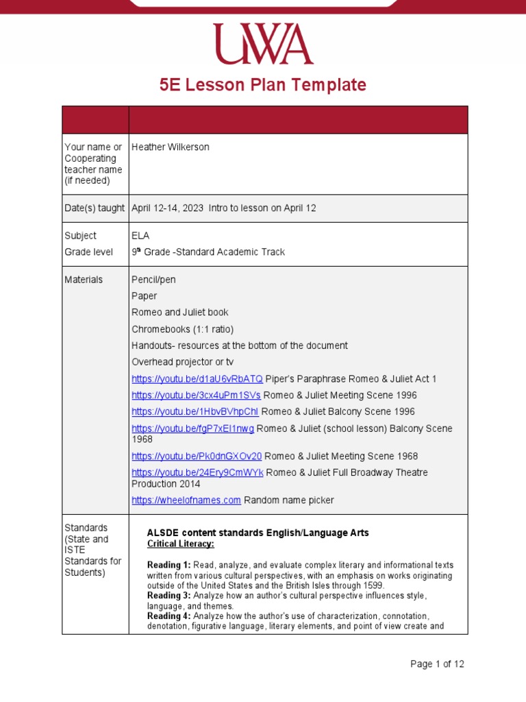 Hwilkerson Ed508-5e-Lesson-Plan Original | PDF | Romeo And Juliet | Literacy