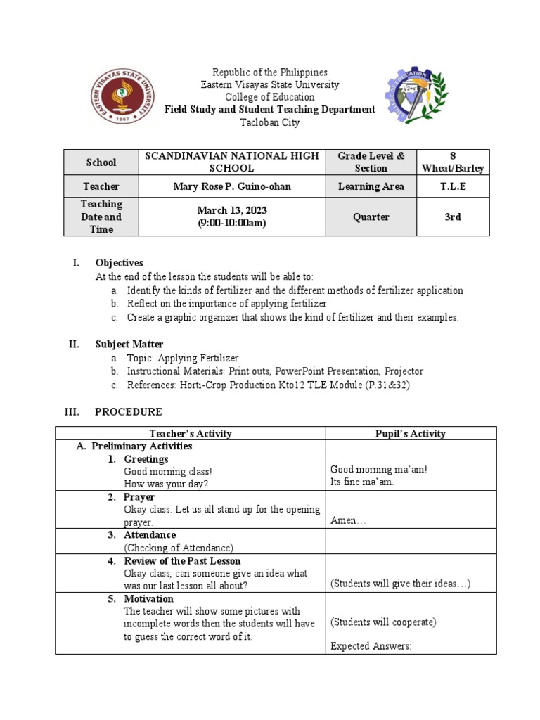 Lesson Plan 1 (Tle 8) | PDF | Fertilizer | Teachers
