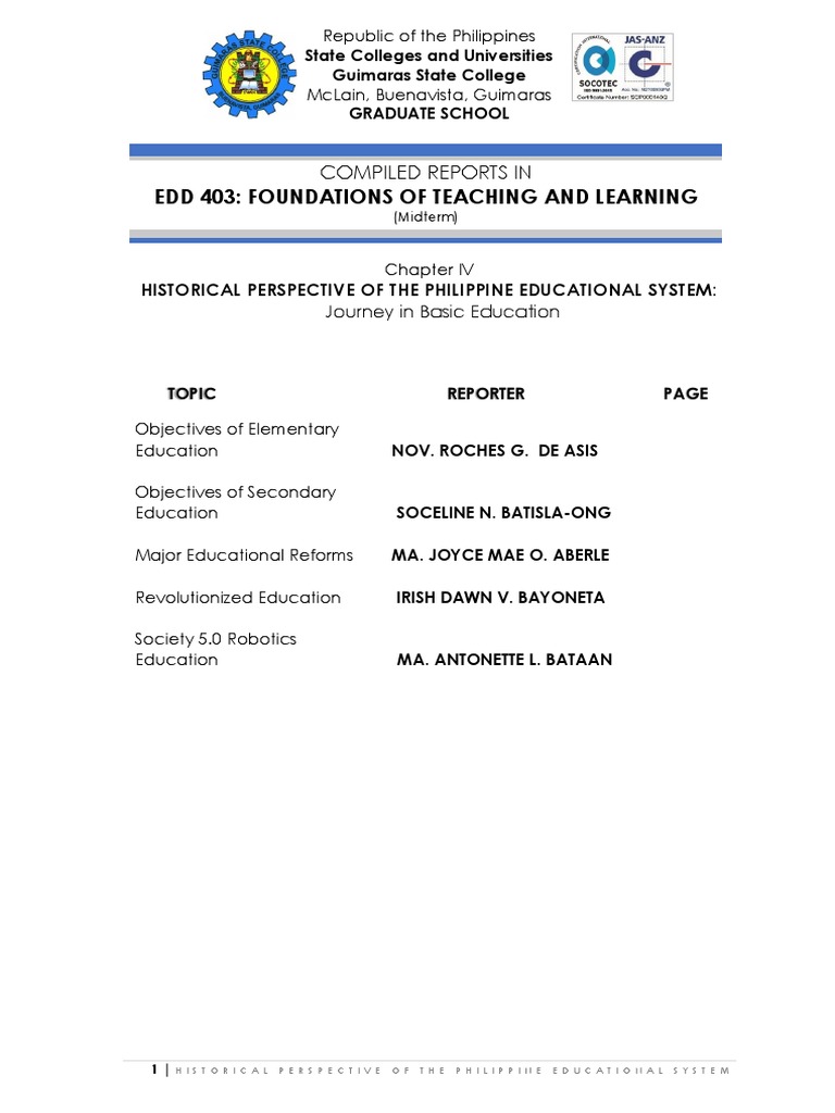 Edd 403: Foundations of Teaching and Learning: Compiled Reports in | PDF | Educational ...