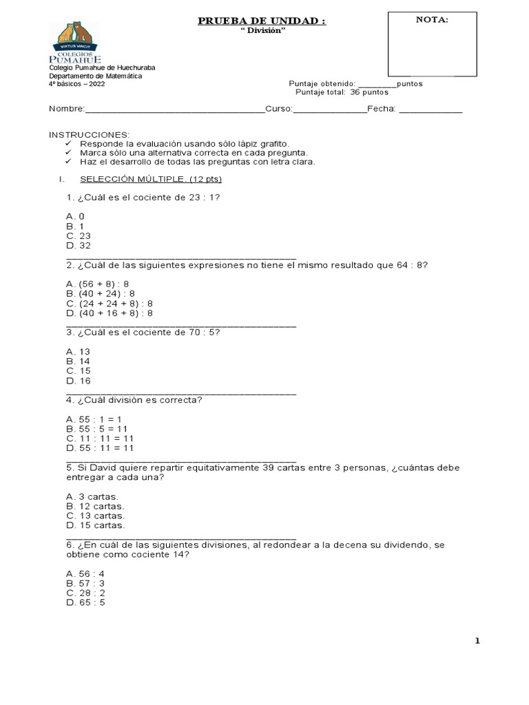 Prueba de División 4º Básico | PDF | División (Matemáticas) | Matemáticas