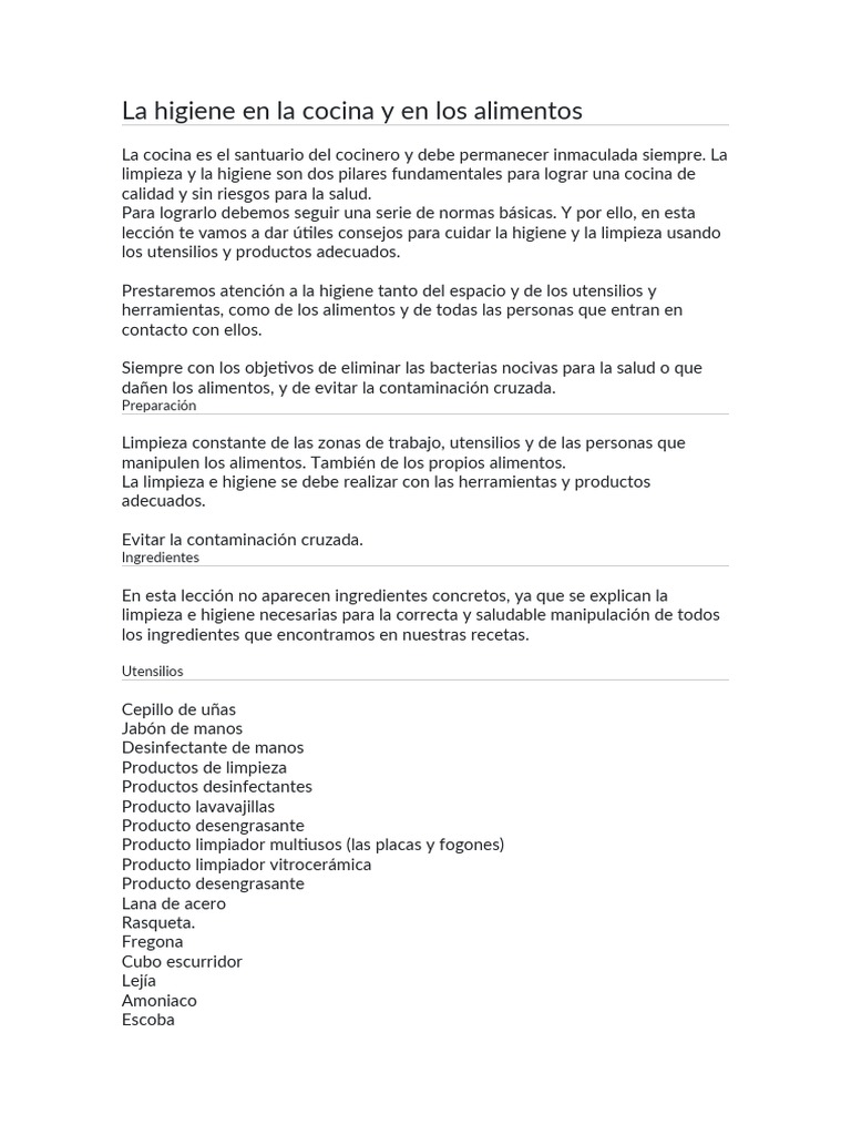 La Higiene en La Cocina y en Los Alimentos | PDF