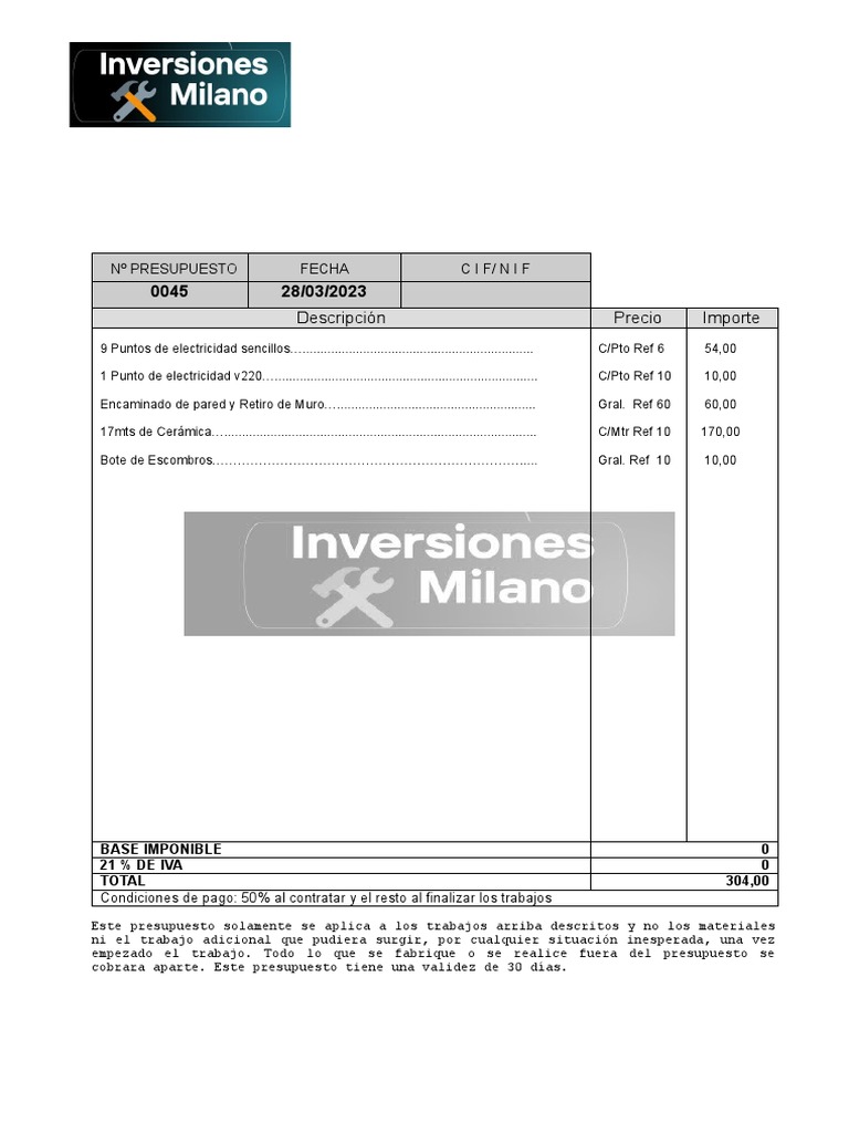 Plantilla Presupuesto Obra | PDF