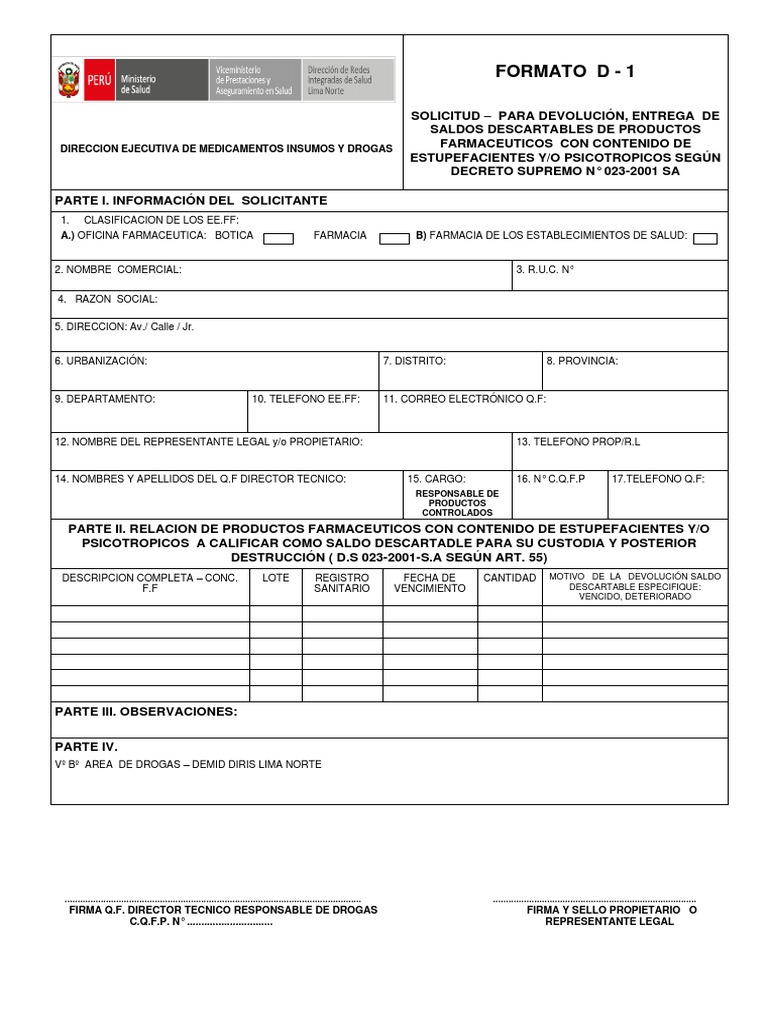Formato D - 1: Responsable de Productos Controlados | PDF | Farmacia