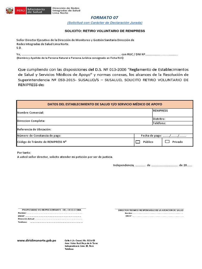 Formato 07: Solicito: Retiro Voluntario de Renipress | PDF