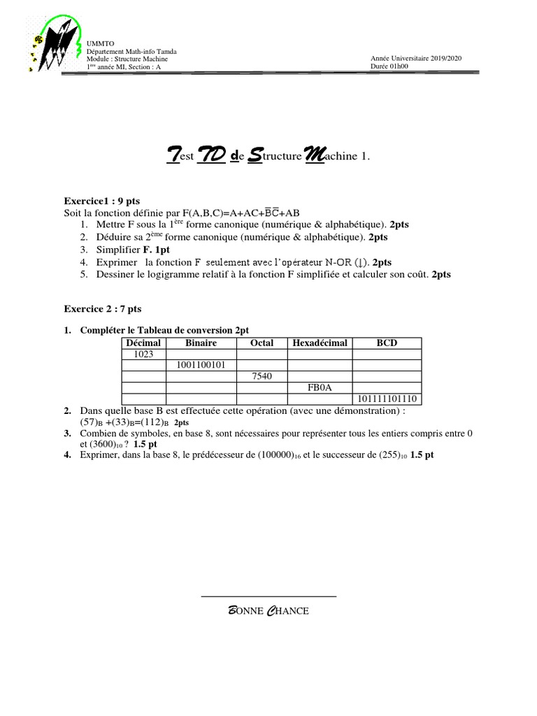 Examen corrigé Structure Machine 1 | PDF | Décimal codé binaire ...
