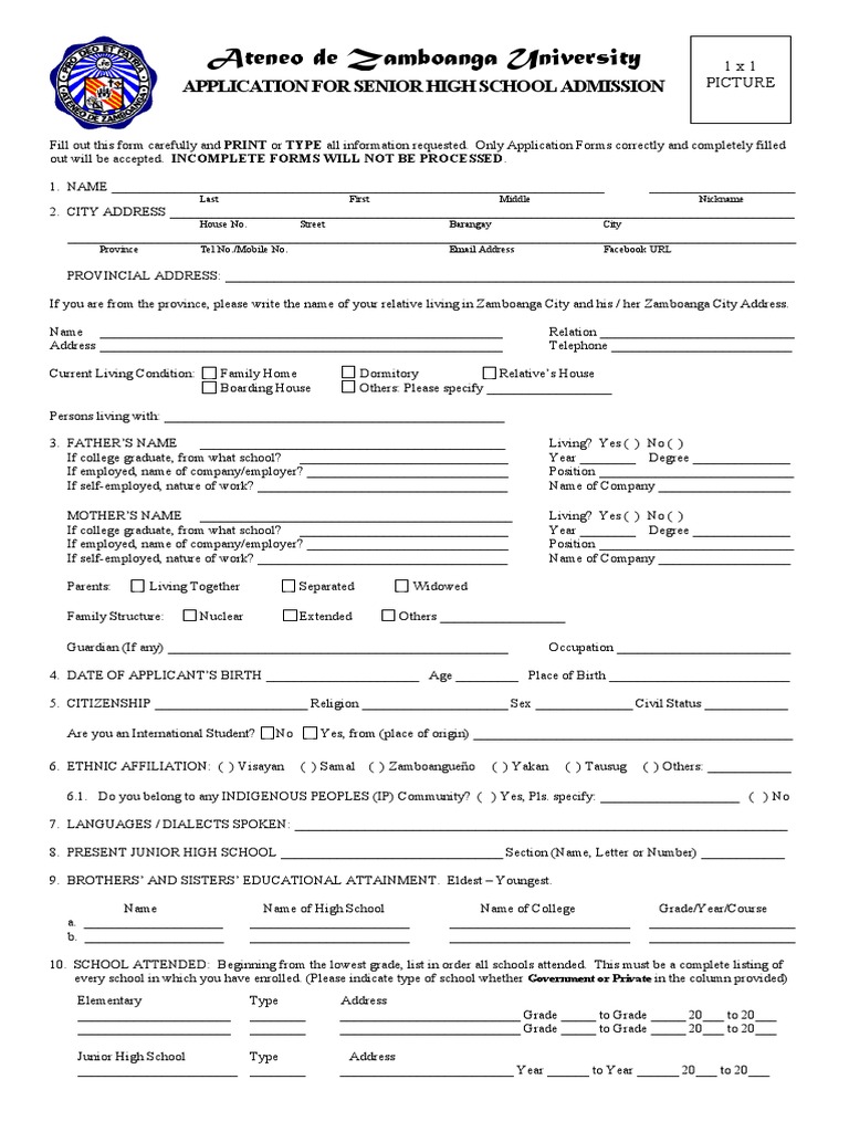 Ateneo de Zamboanga University: Application For Senior High School Admission | Download Free PDF ...