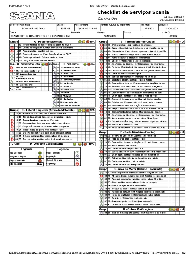 Checklist completo de serviços para caminhão Scania com detalhamento ...