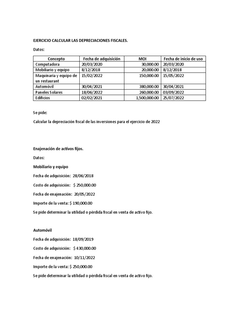 Ejercicio de Depreciaciones 2023 | PDF