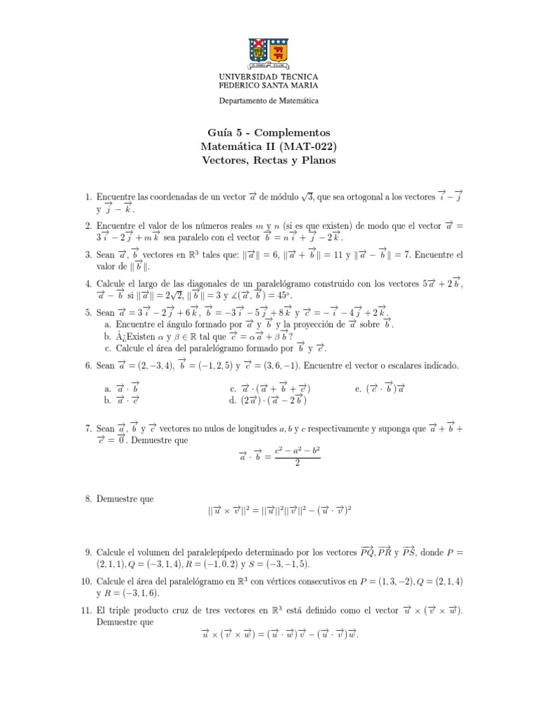 Gu Ia 5 - Complementos Matem Atica II (MAT-022) Vectores, Rectas y Planos | PDF