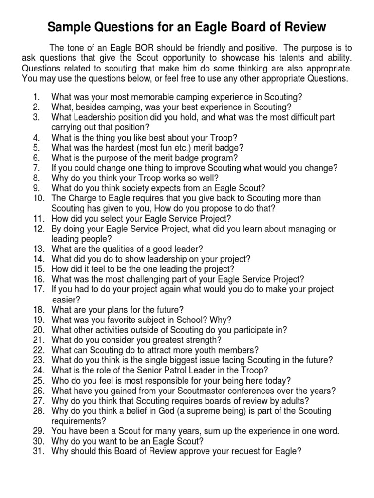 Sample Eagle Board of Review Questions | PDF | Boy Scouts Of America ...