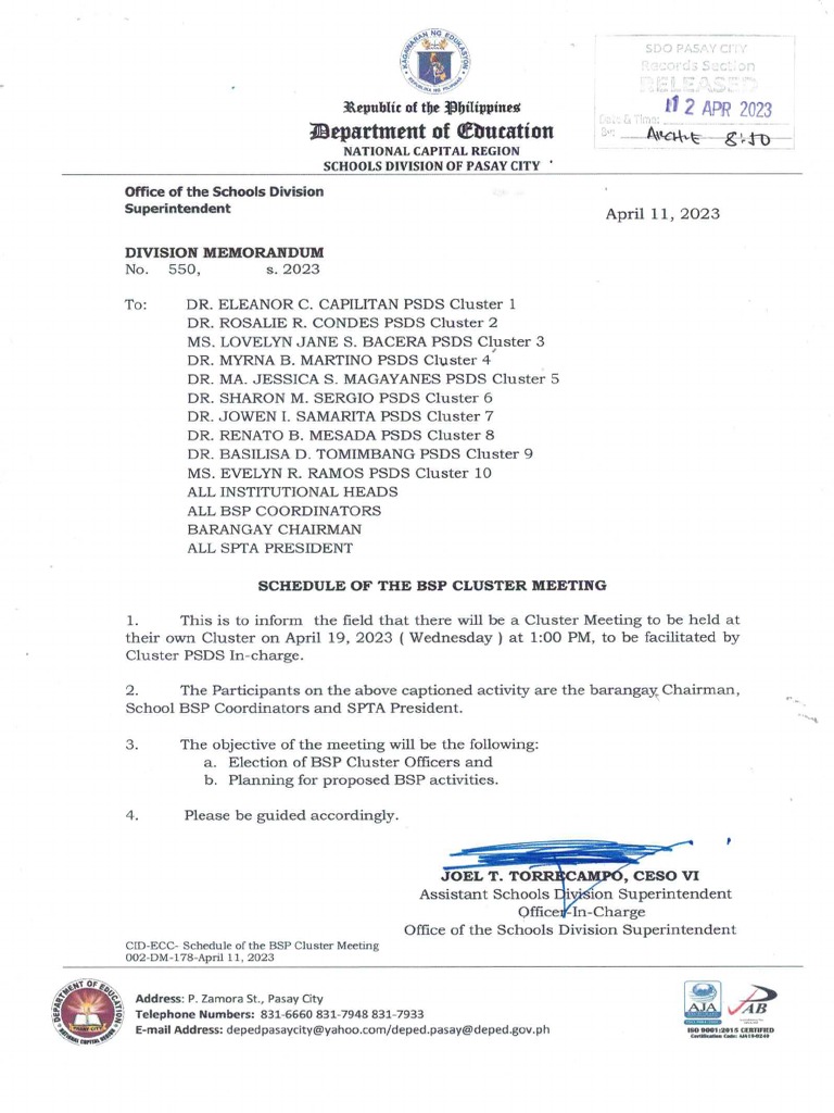 Notice of Meeting Schedule of The BSP Cluster Meeting. | PDF