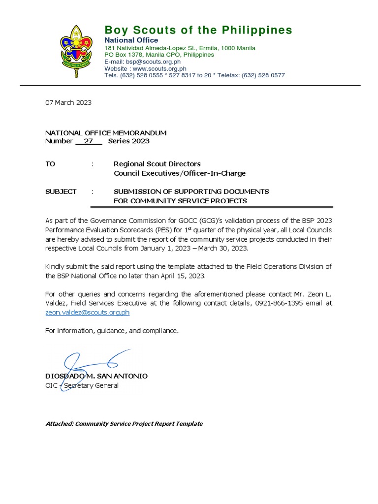 BSP NO Memorandum No.27 S. 2023 Submission of Supporting Documents For ...