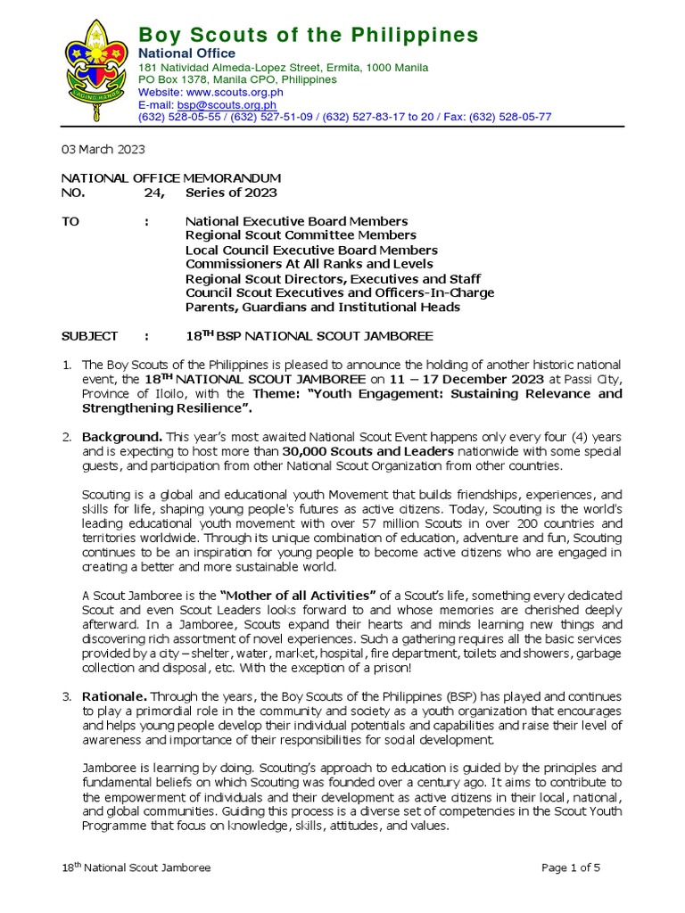 BSP NO Memorandum No.24 S. 2023 UPDATED 18th BSP National Scout ... BSP NO Memorandum No.24 S. 2023 UPDATED 18th BSP National Scout ...