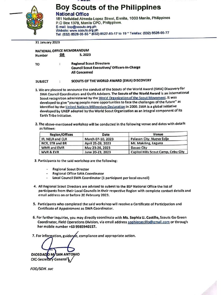 BSP NO Memorandum No.08 S. 2023 Scouts of The World Award SWA Discovery | PDF