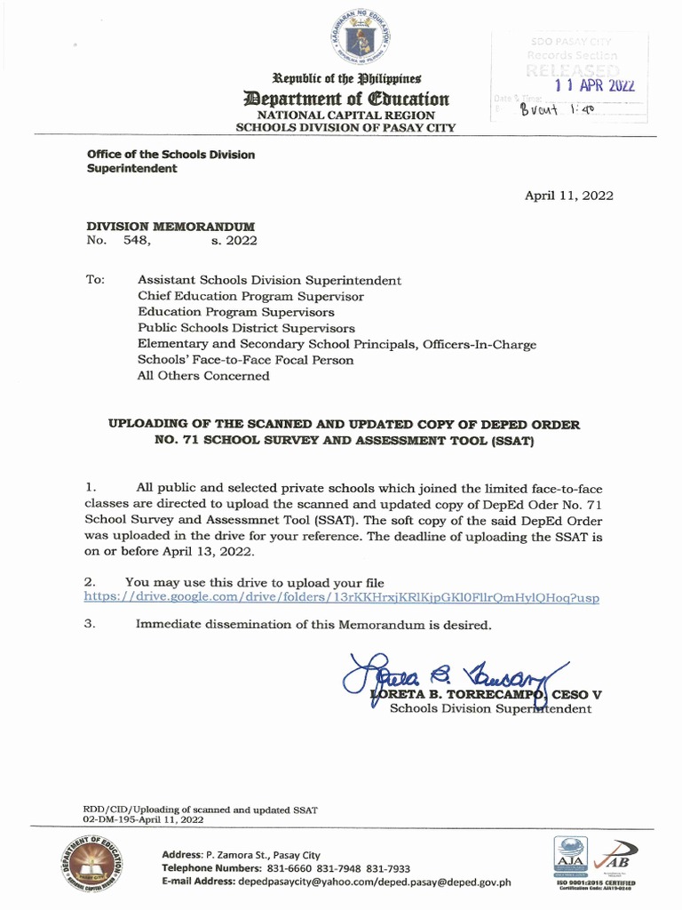 Division Memorandum No. 548, s.2022 - Uploading of The Scanned and ...