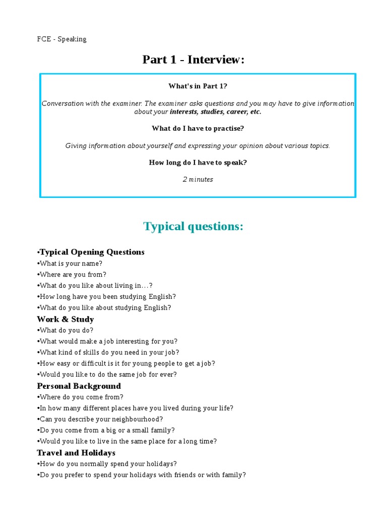 Speaking Guide For FCE | PDF | Question | Conversation