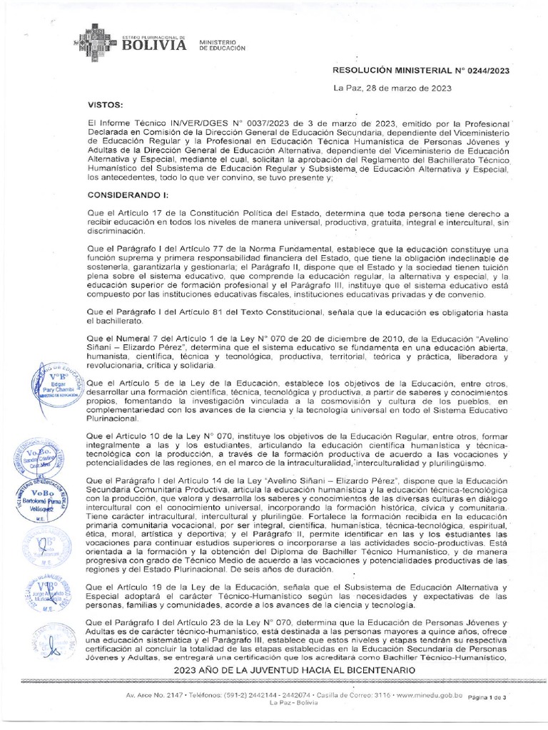 Bolivia: Resolucion Ministerial W 0244/2023 | PDF | Iniciativa empresarial | Educación más alta