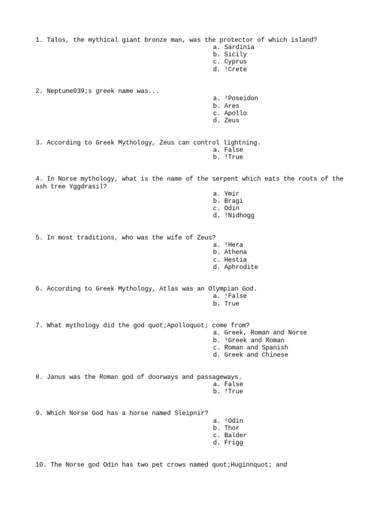 Greek and Norse Mythology Quiz | PDF | Twelve Olympians | Zeus