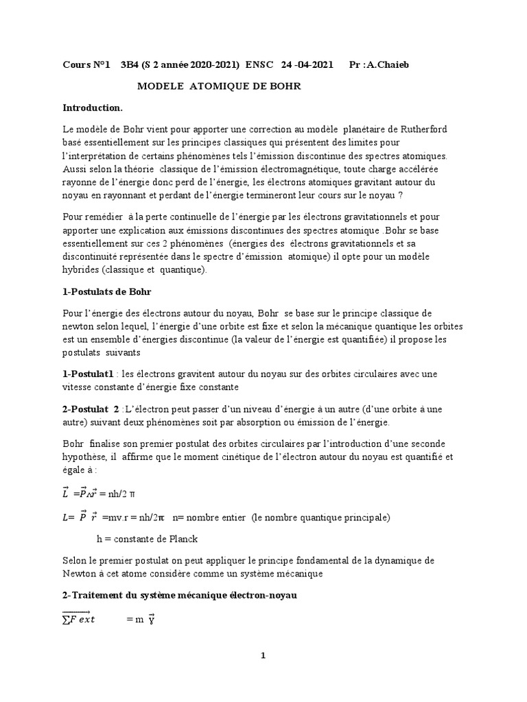 Modèle Atomique de Bohr: Concepts et Calculs | PDF | Niels Bohr | Électron