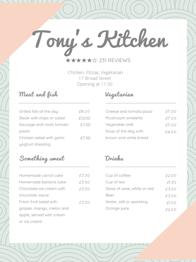 Tony's Kitchen Menu Overview | PDF