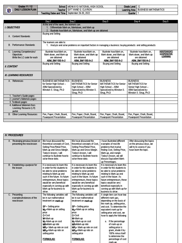 Day 1 Day 2 Day 3 Day 4 Day 5: Independent/ Cooperative Learning | PDF ...