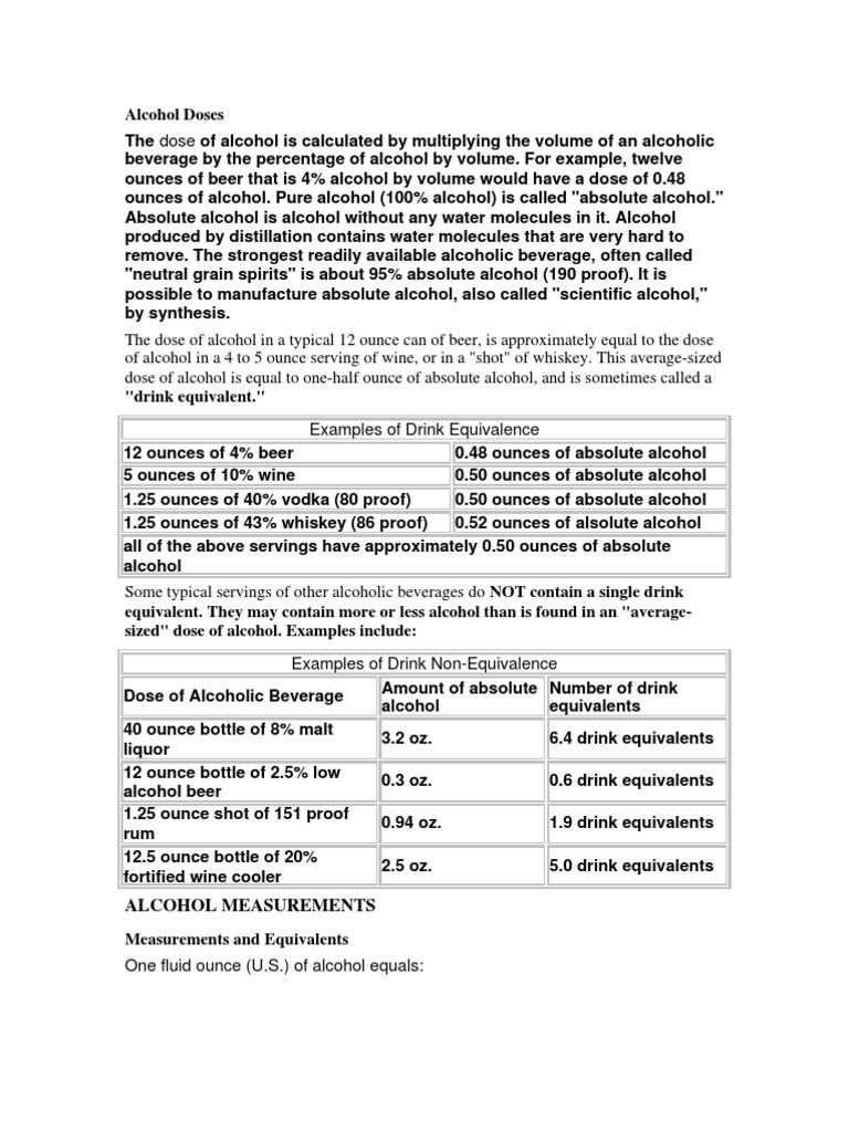 Alcohol Doses: Examples of Drink Equivalence | PDF | Alcoholic Drinks ...