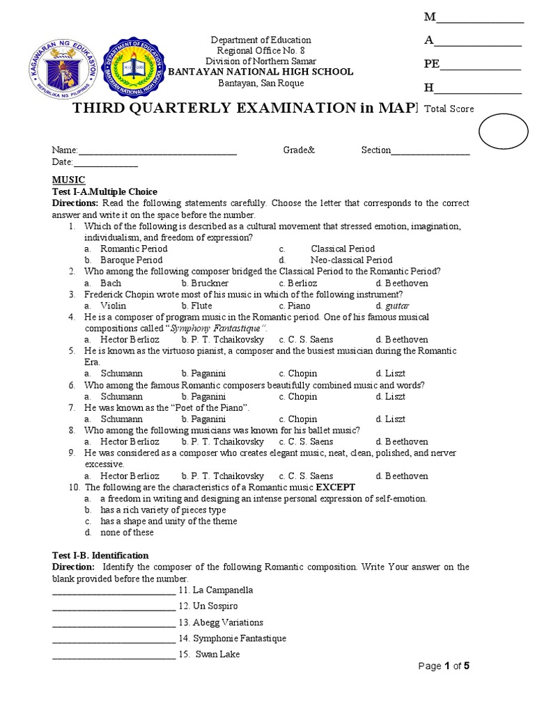 3rd Quarterly Examination in MAPEH 9 | PDF | Romantic Music | Frédéric ...