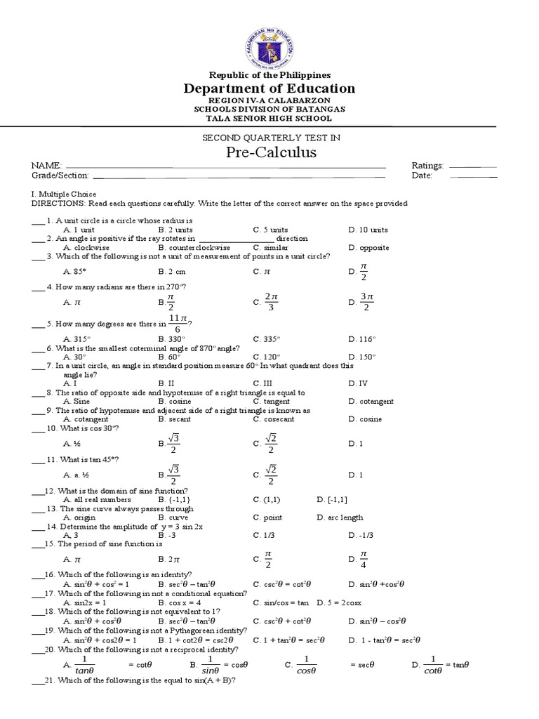 Second Periodic Test in Pre Calculus | PDF | Trigonometric Functions ...