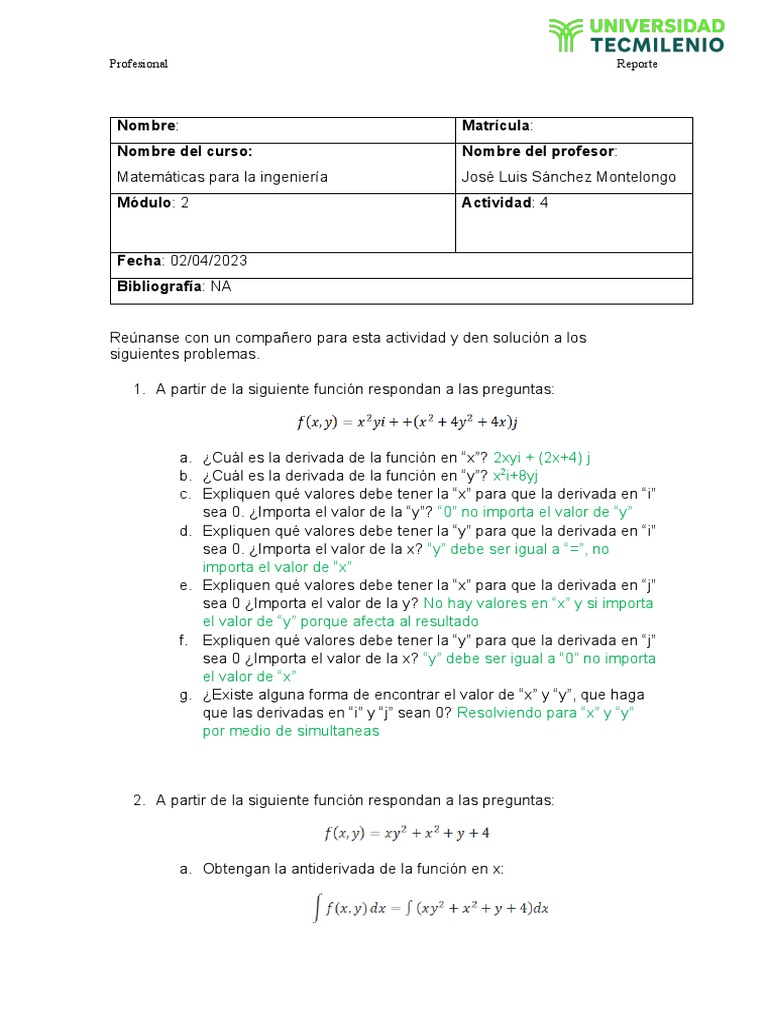 Actividad 4 Matemáticas | Descargar gratis PDF | Derivado | Integral
