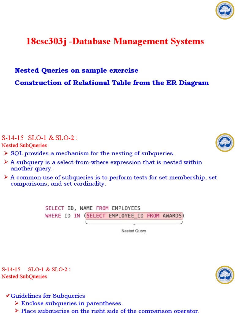 18csc303j Dbms Unit Ii Nested Sub Query Pdf Relational Model Data Model 
