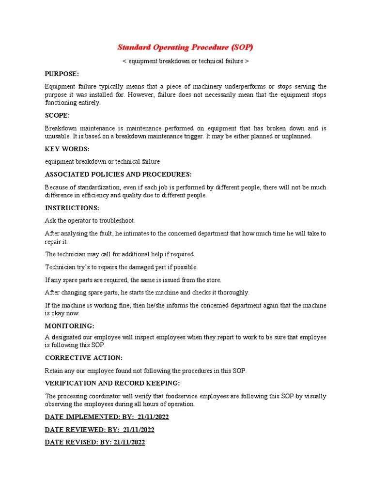 SOP for Equipment Breakdown Maintenance | PDF