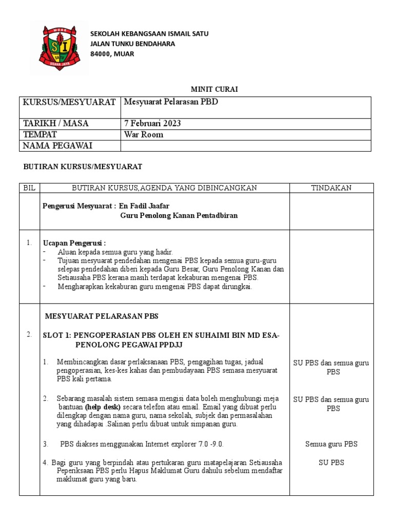 Minit Curai Mesyuarat Pelarasan PBS | PDF