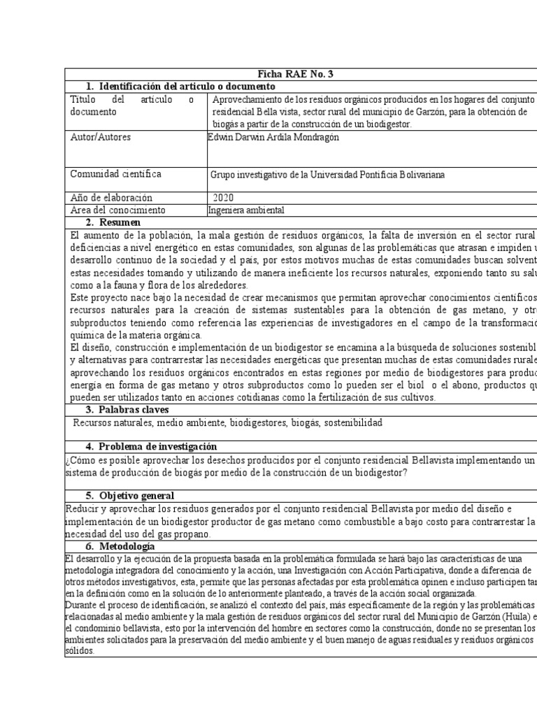 Ficha RAE N°3 | PDF | Biogás | Residuos