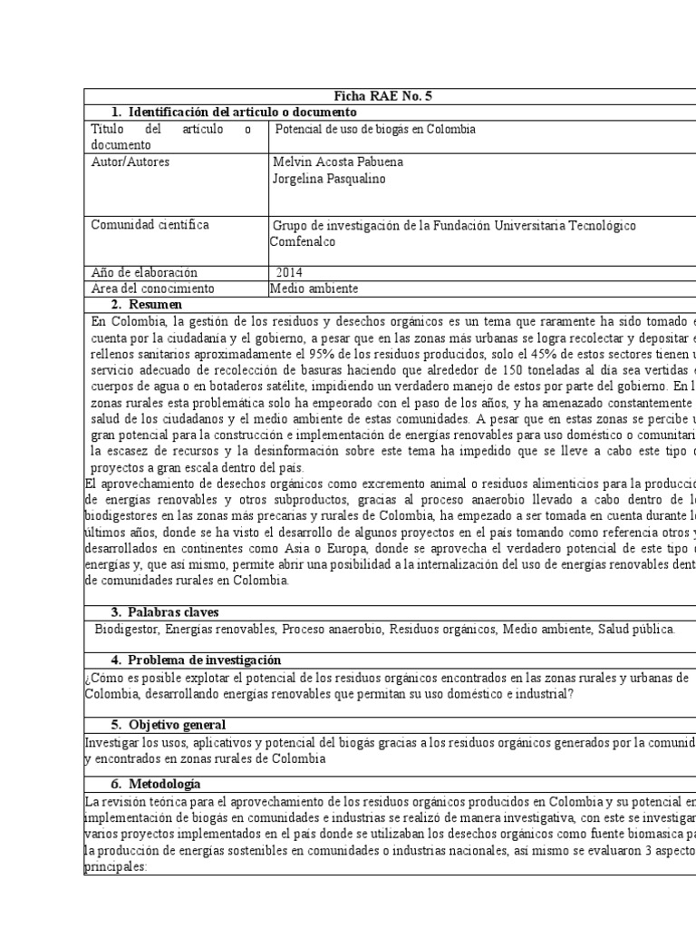 Ficha RAE N°5 | PDF | Biogás | Residuos