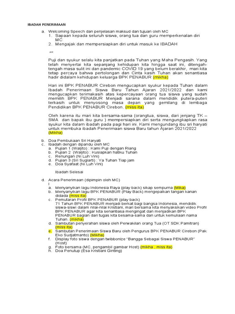 Ibadah Penerimaan MC | PDF