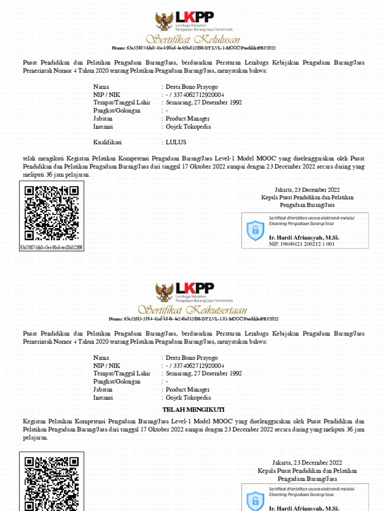 Sertifikat Pelatihan PBJ Level-1 MOOC 2022 | PDF