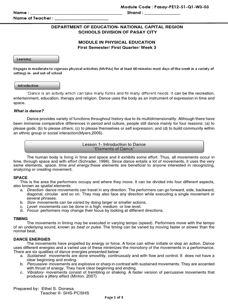 Lesson 1-Introduction To Dance "Elements of Dance" | PDF | Dances ...