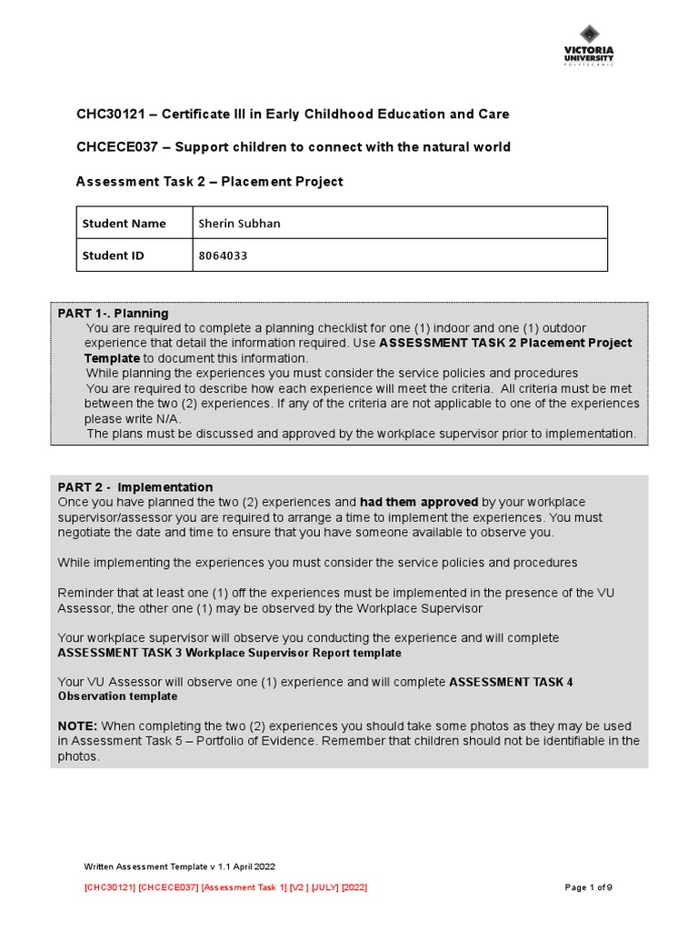 CHCECE037 Assessment Task 2 Placement Project | PDF | Experience | Learning