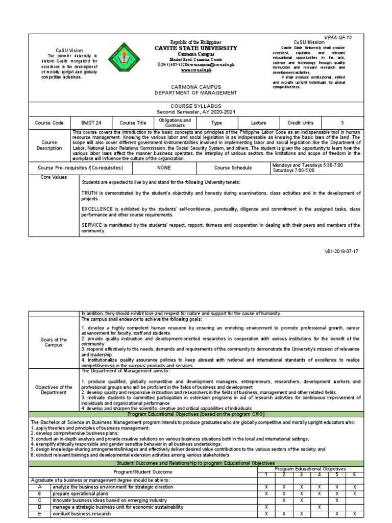 Cavite State University: Carmona Campus Department of Management Course Syllabus Second Semester ...