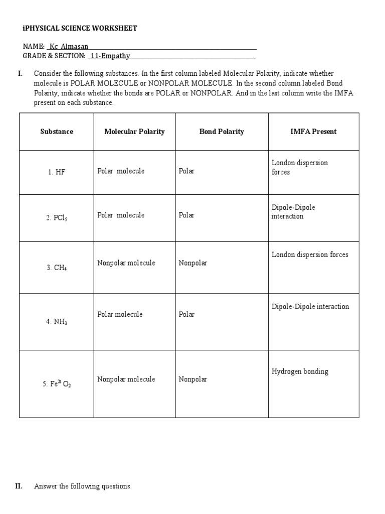 Physical Science Worksheet on Molecular Polarity | PDF | Chemical Bond ...