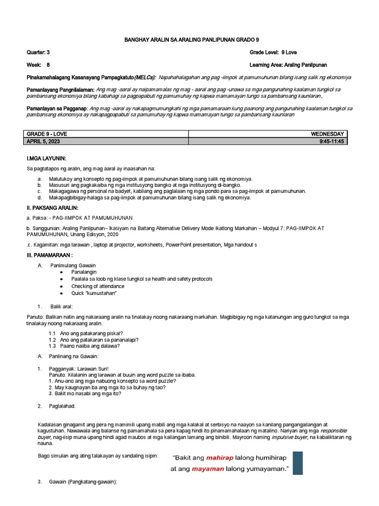 Q3 BANGHAY ARALIN AP Grade 9 W8 - CO3 | PDF