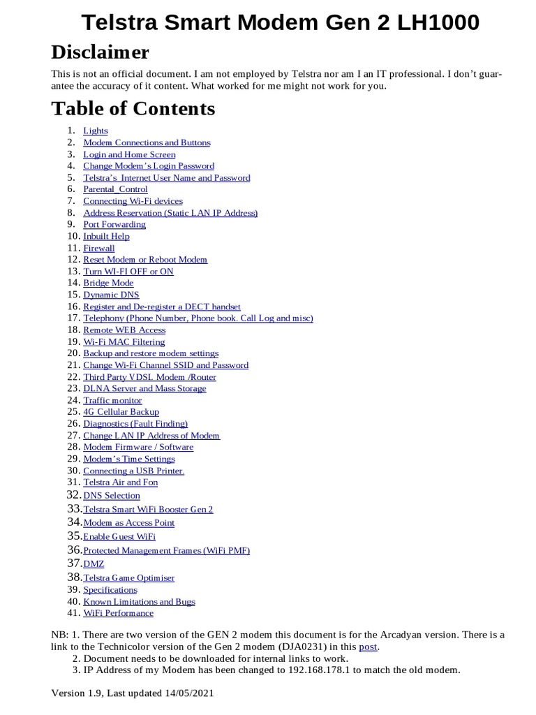 Unofficial Manual For Telstra Smart Modem Gen 2 (LH1000 Model) | PDF ...