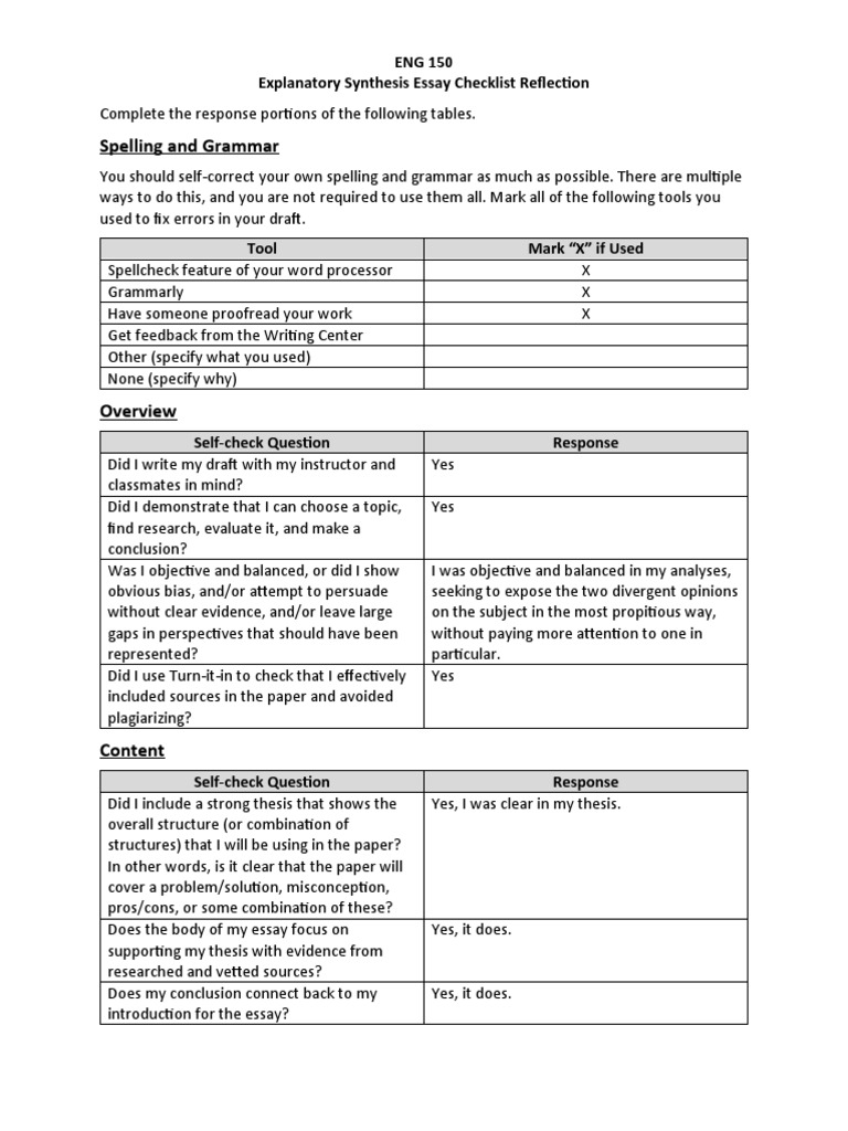 ENG 150 Essay Checklist Reflection | PDF | Essays | Cognitive Science