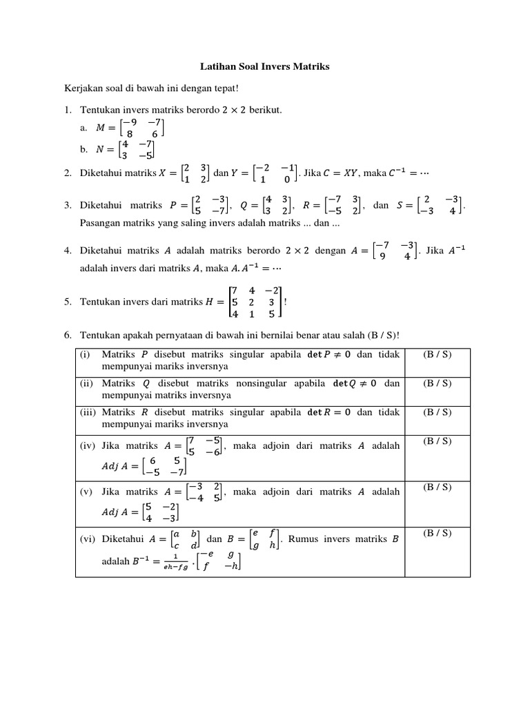 Latihan Soal Invers Matriks | PDF
