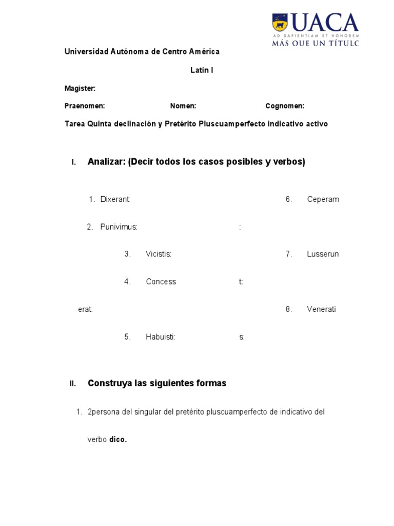 Tarea Quinta Declinación y Pretérito Pluscuamperfecto | PDF ...