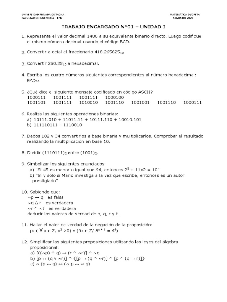 Trabajo Encargado N°01 | PDF | Matemática Elemental | Lógica