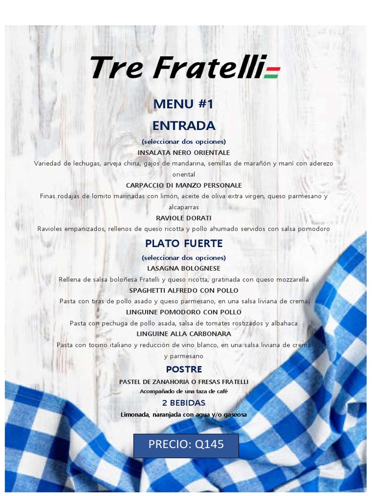 Menú Tre Fratelli 2025: Opciones y Precios | PDF | Queso | Salsa